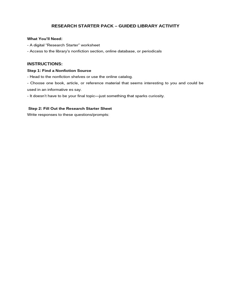 Research Starter Pack - Guided Library Activity | PDF | Essays | Science