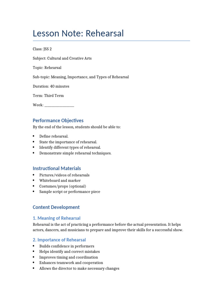 Lesson - Note - Rehearsal - JSS2 CCA | PDF