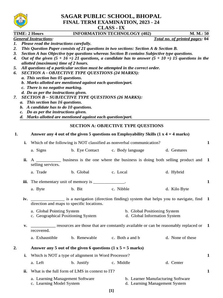 Class IX IT Final Exam Paper 2023-24 | PDF | Spreadsheet | Computing