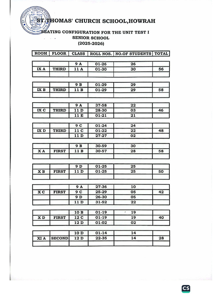 Seating Configuration (Senior School) ... Unit Test I... 2025-2026 | PDF