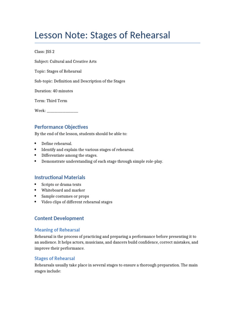 Lesson Note Stages of Rehearsal JSS2 | PDF