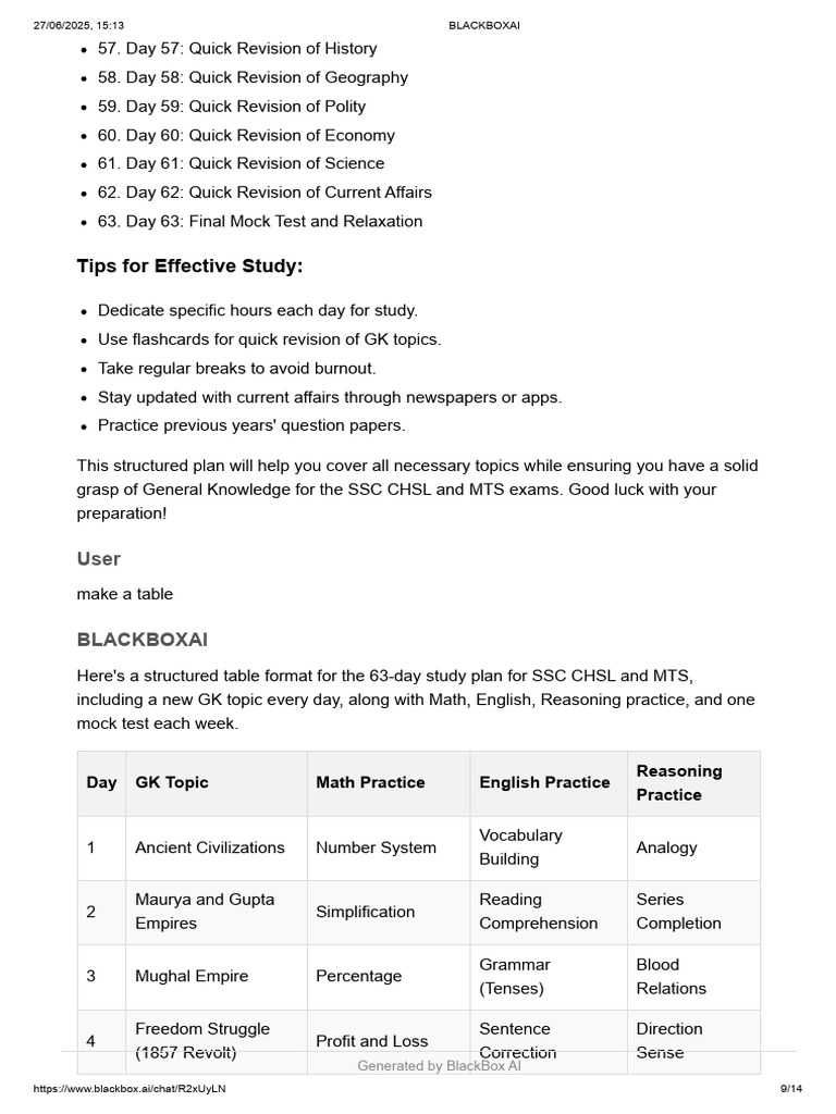Make A SSC CHSL and Mts 63 Days Study Plan With A New GK Topic Everyday | PDF | Quadratic Equation