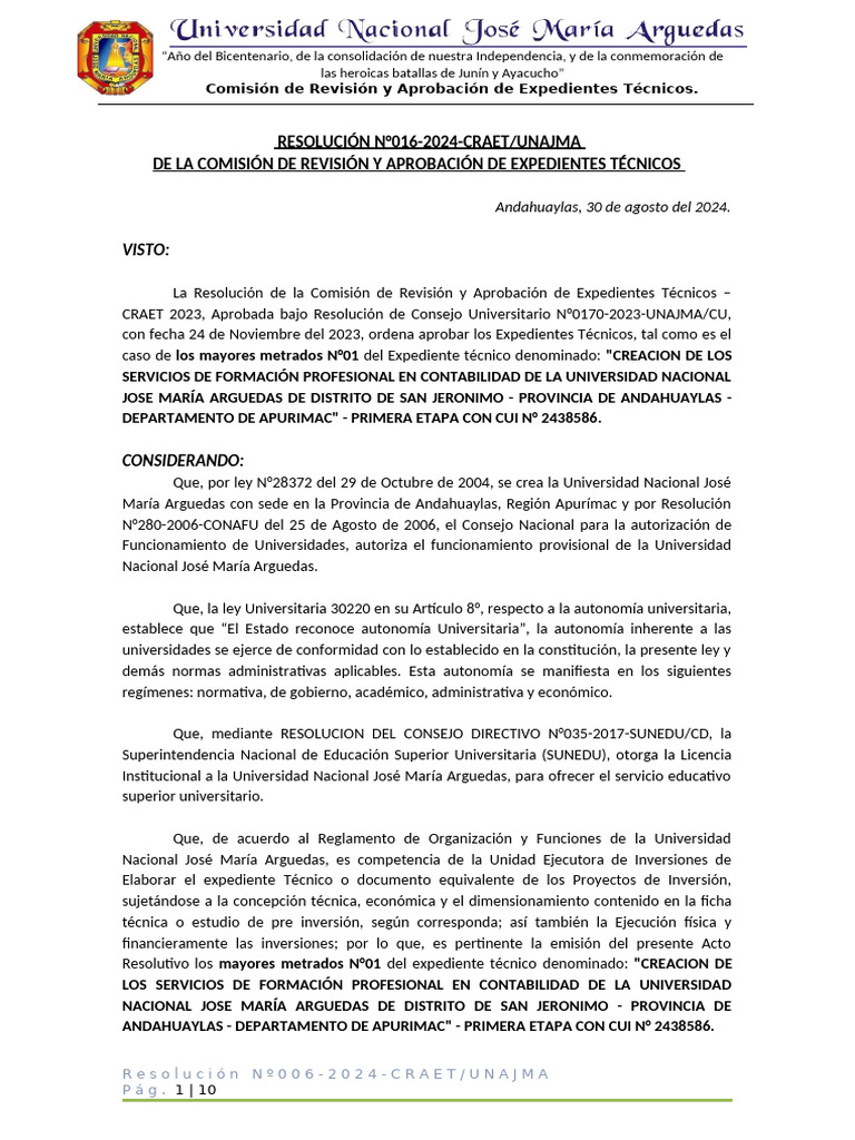 Resolucion 016-2024 Craet Mayores Metrados N 001 Cont I | PDF | Presupuesto