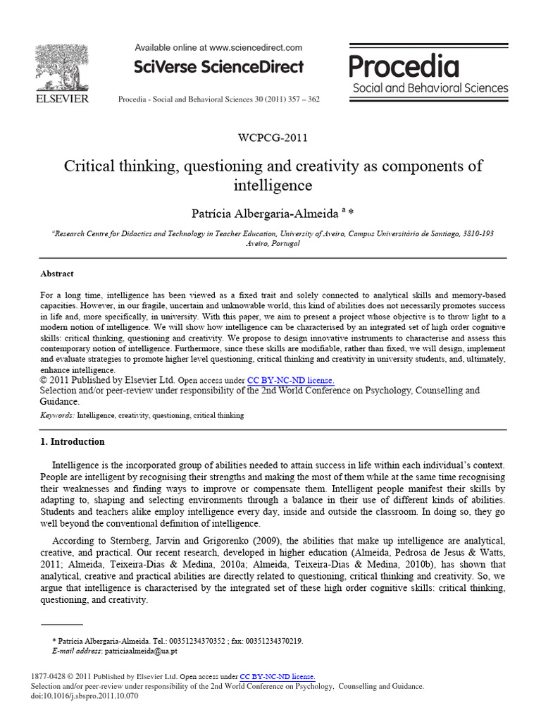 Critical Thinking Questioning and Creativity 2011 Procedia Social and ...
