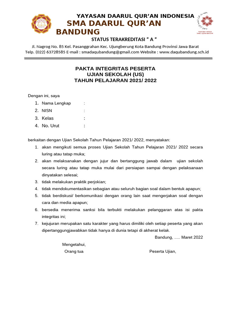 Pakta Integritas Peserta Us | PDF