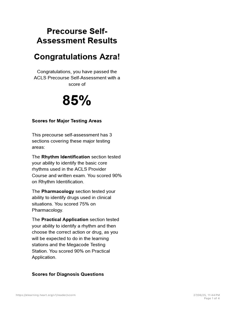 AHA ELearning ACLS Precourse Self-Assessment | PDF | Cardiology ...