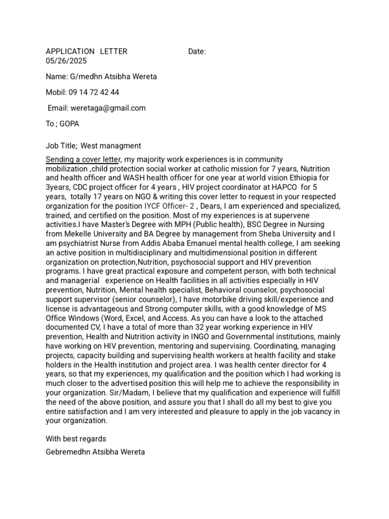 Application for IYCF Officer Position | PDF | Mental Health | Social Work