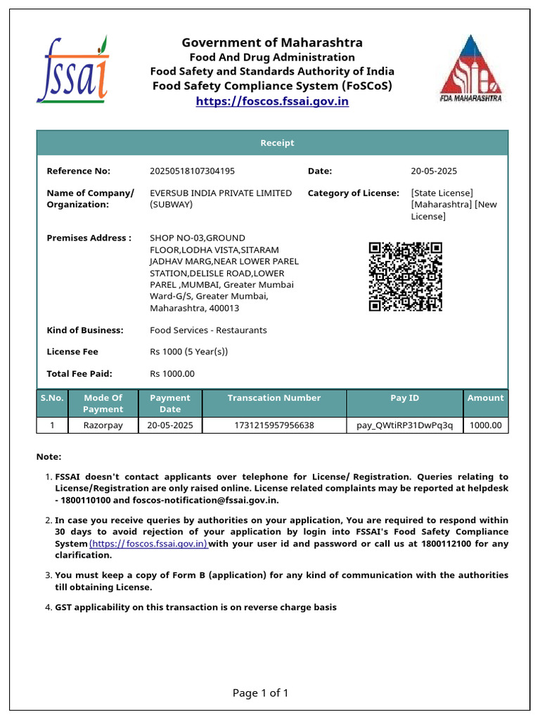 FSSAI License Application Receipt - 20.05.2025 | PDF