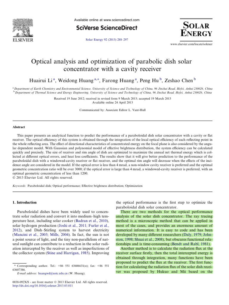 Optical Analysis and Optimization of Parabolic Dish Solar Concentrator ...