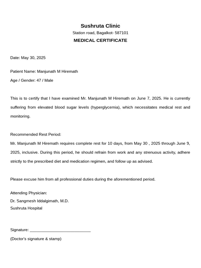 Medical Certificate Manjunath Hiremath | PDF