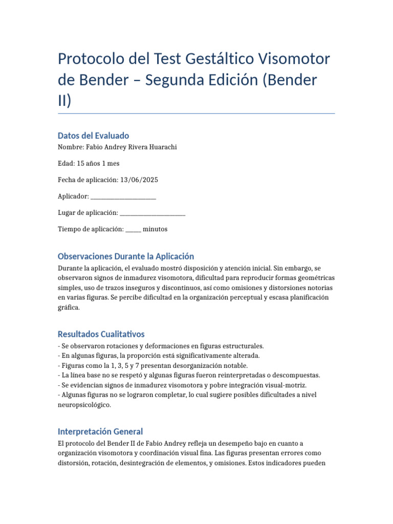 Resultados del Test Bender II en Adolescente | PDF