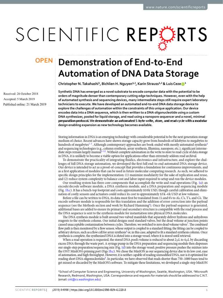 Demonstration of End-to-End Automation of DNA Data Storage | PDF | Dna ...