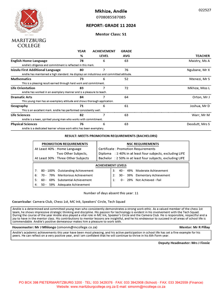 REPORT: GRADE 11 2024: Mkhize, Andile | PDF