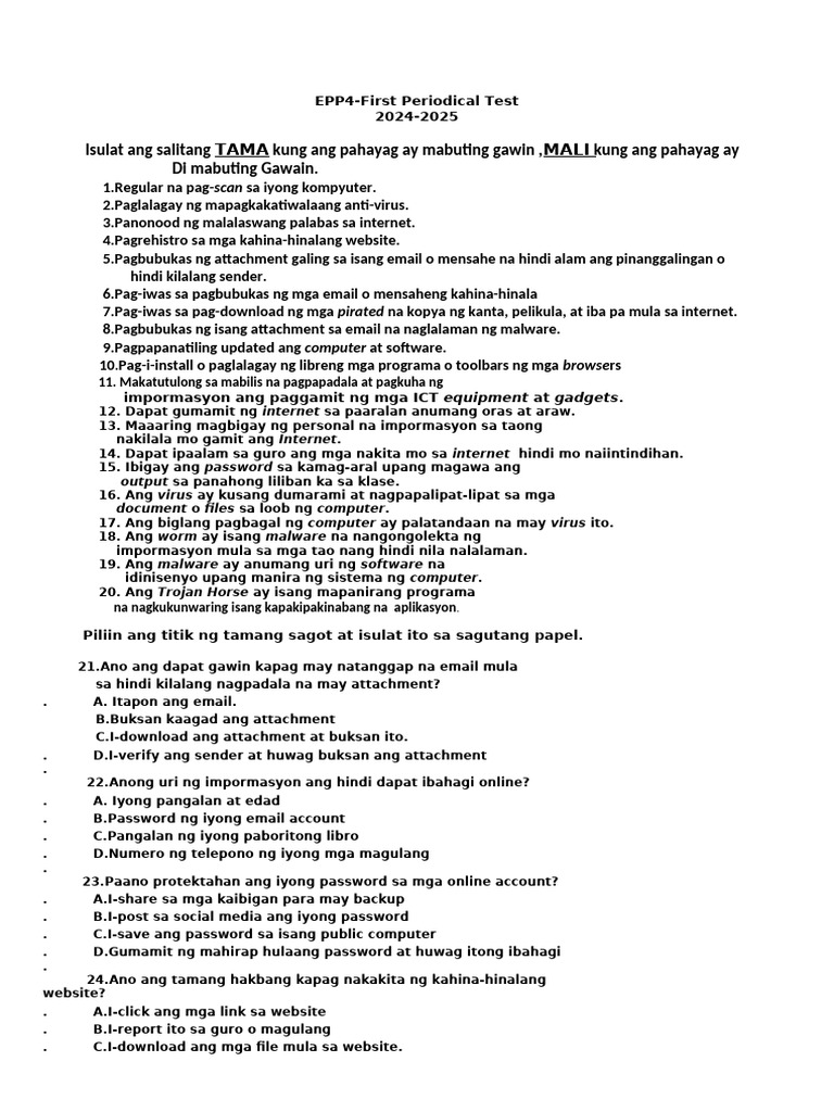 1st Grading Test EPP4 MATATAG | PDF