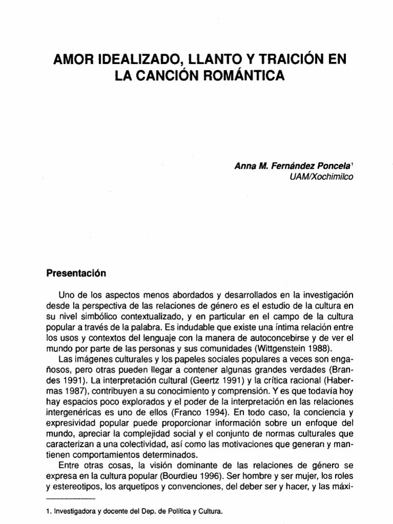 Amor Idealizado, Llanto y Traicion en La Cancion Romantica. ANA ...