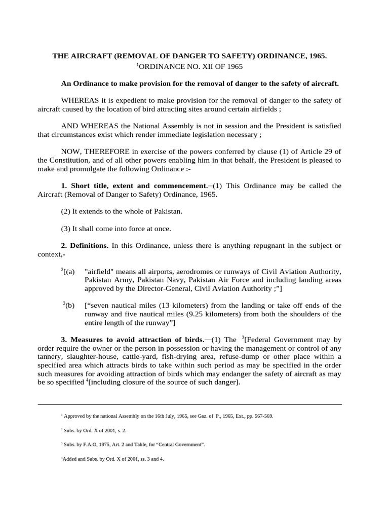 Aircraft (Removal of Danger To Safety) Ordinance, 1965. | PDF ...