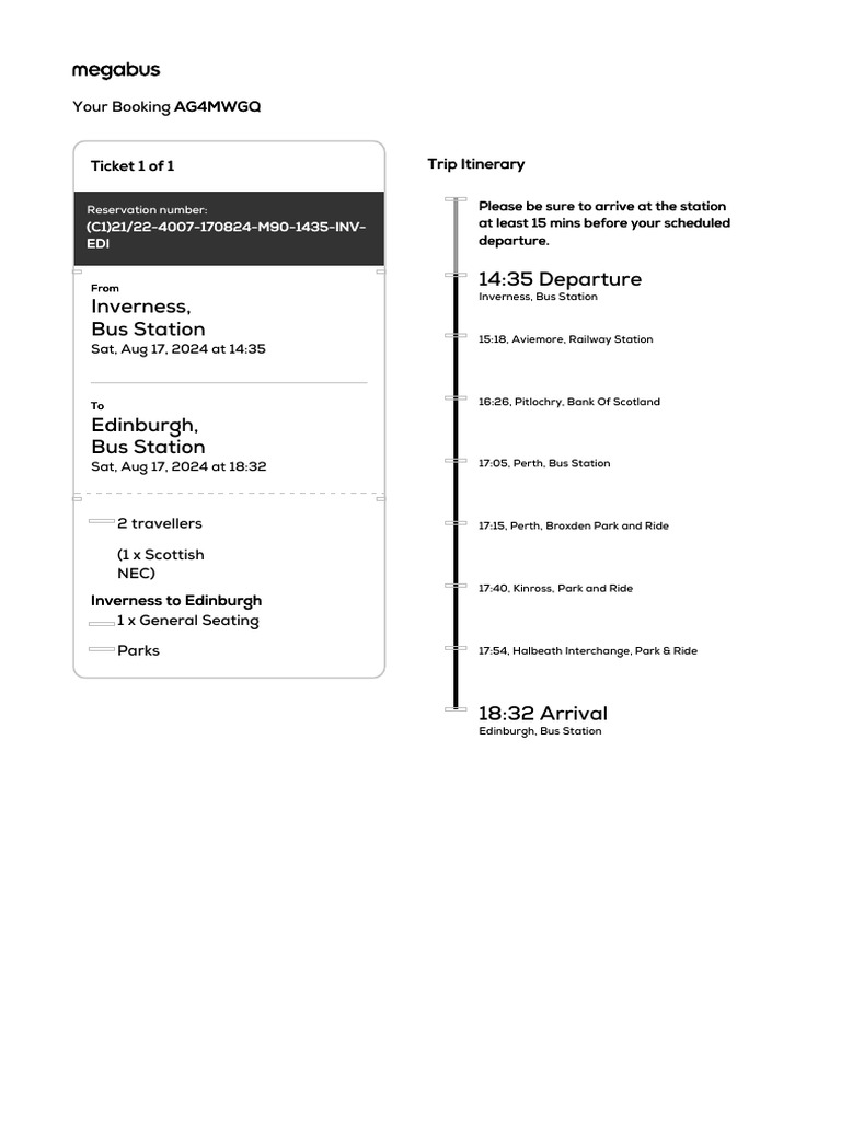 Inverness to Edinburgh Bus Itinerary | PDF | Public Transport | Transport