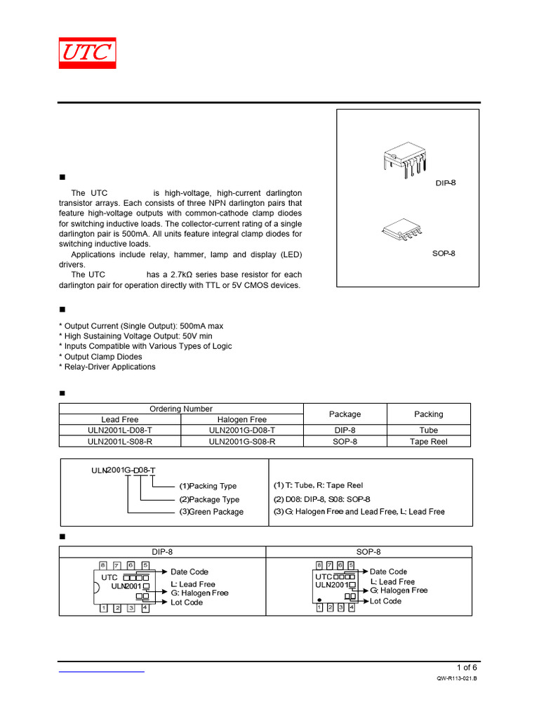ULN2001 | PDF | Diode | Semiconductor Devices