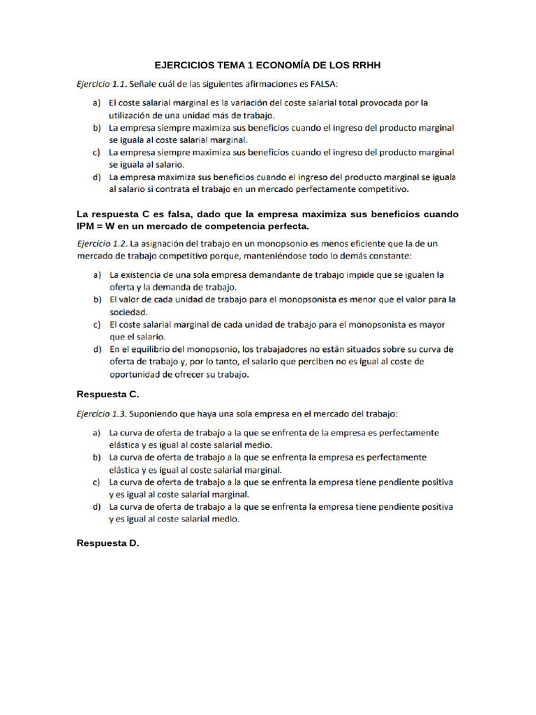 Ejercicios Tema 1 Economía RRHH | PDF