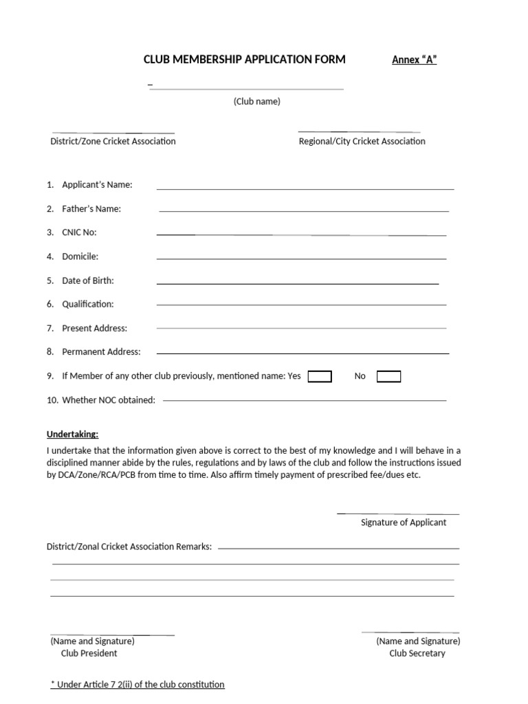Cricket Club Membership Application Form | PDF