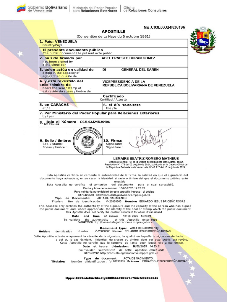 Apostilla de Acta de Nacimiento en Venezuela | PDF
