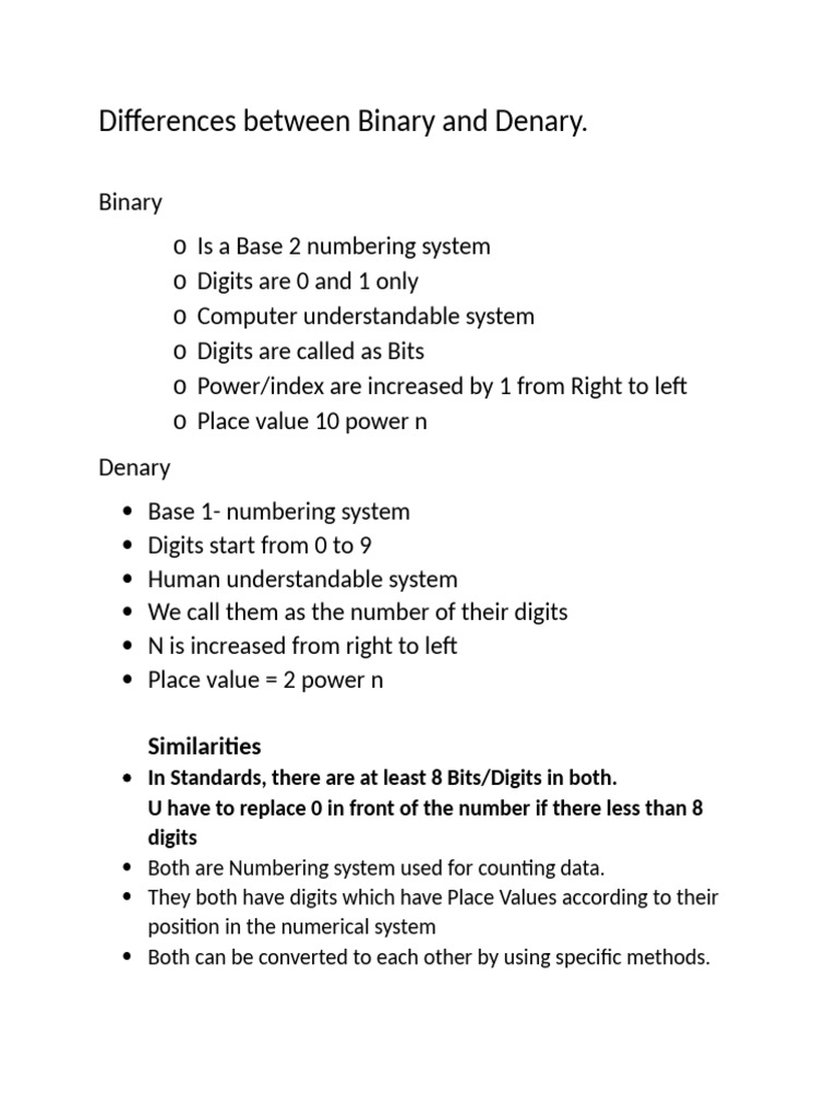 SPOILER - Differences Between Binary and Denary | PDF | Bit | Arithmetic