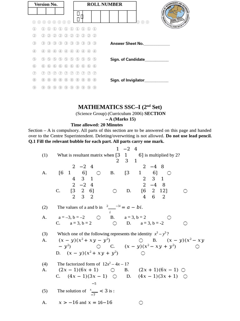 Mathematics SSC-I (2nd Set) | PDF | Triangle | Factorization