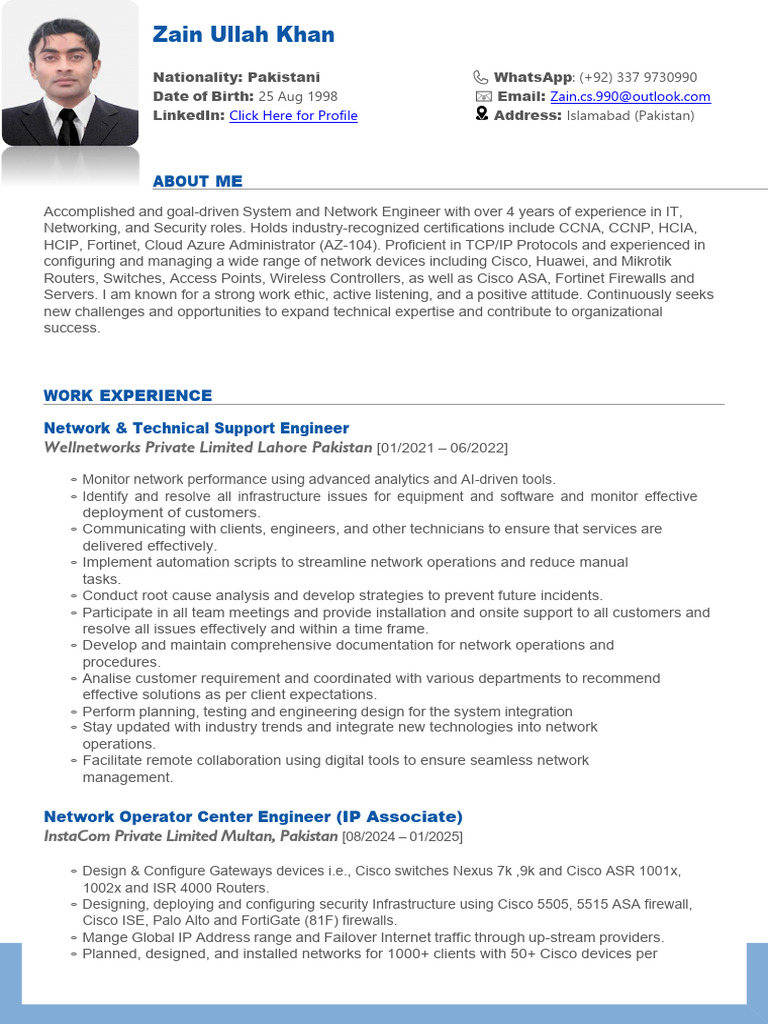 Zain Ullah Khan Professional CV | PDF | Computer Network | Ip Address