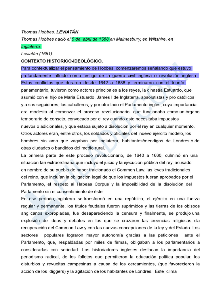 Contexto y Teoría de Hobbes en Leviatán | PDF | La Ley natural | Thomas ...
