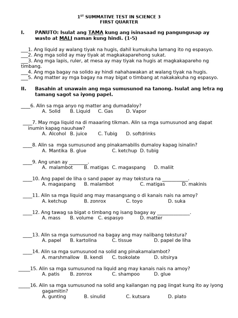 1st Summative Test Science 3 | PDF