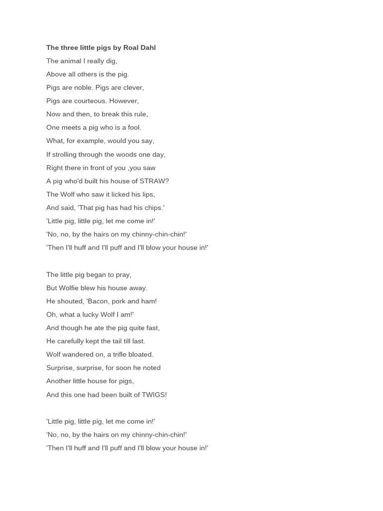 Roald Dahl's Three Little Pigs Poem | PDF