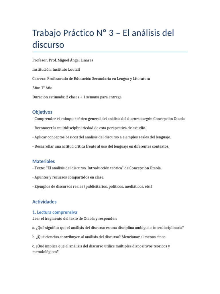 TP 3 Analisis Del Discurso Otaola Instituto Loutaif | PDF