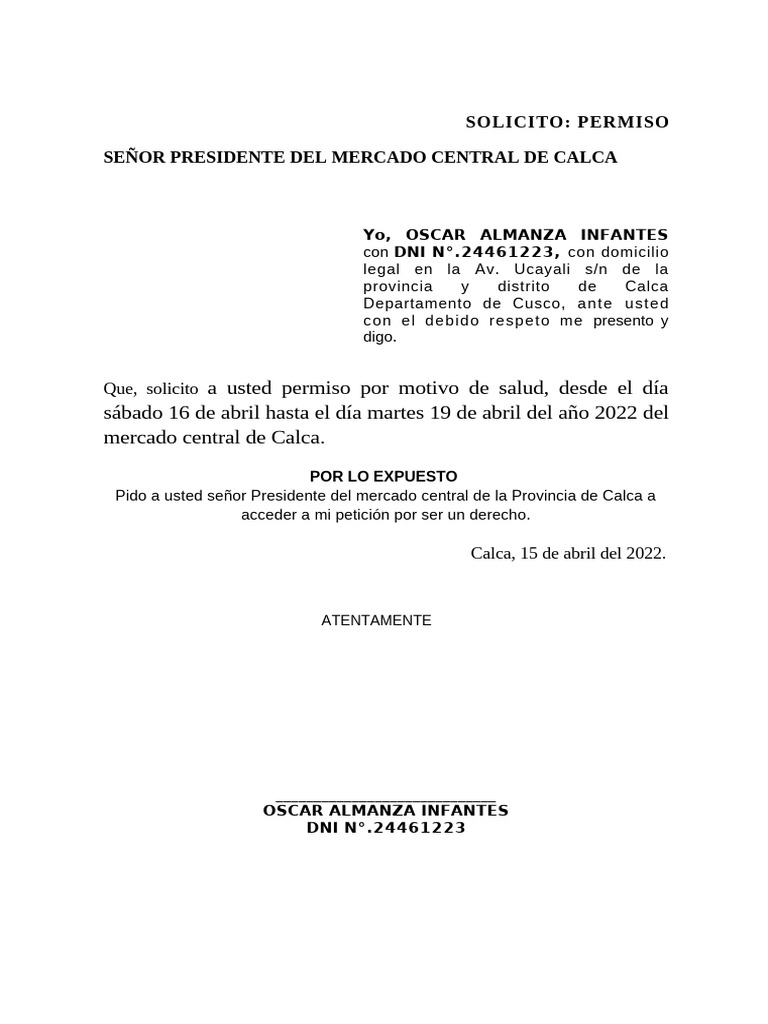 Solicito Permiso Presidente Mercado | PDF