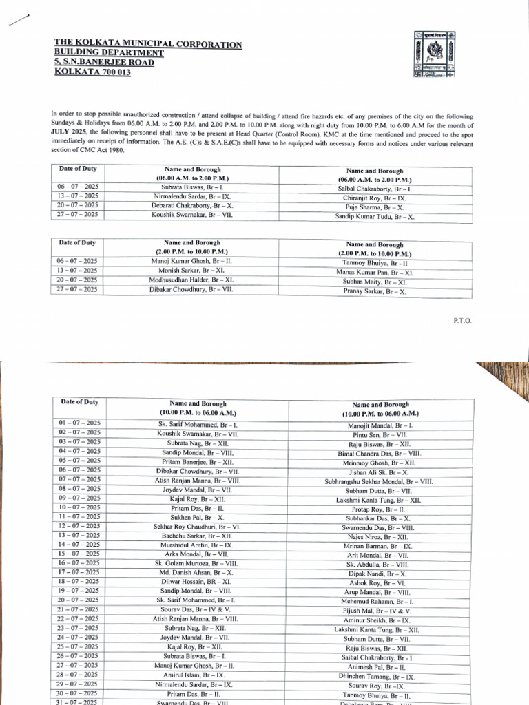 KMC Duty Roster for July 2025 | PDF | Kolkata | Bengal
