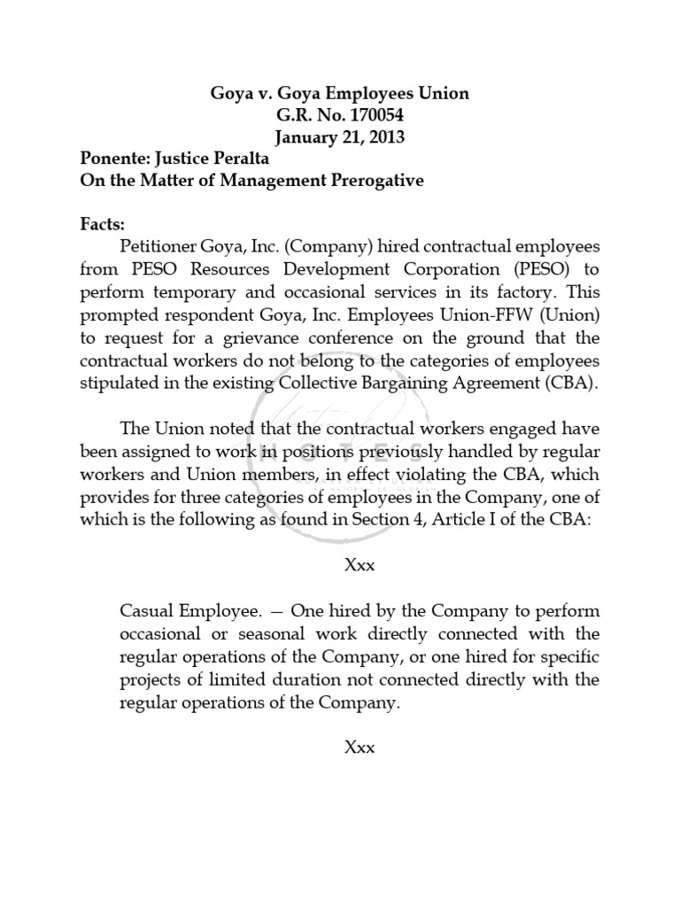 Goya v. Employees Union: Management Prerogative | PDF | Employment ...