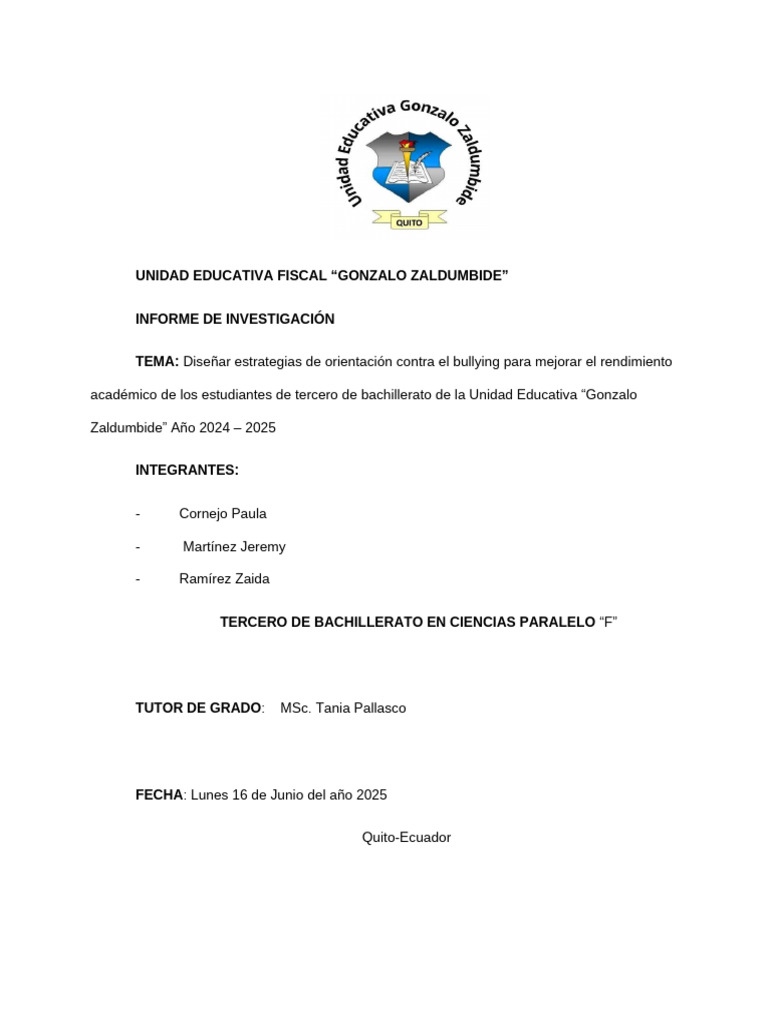 Proyecto Final de Grado - U.e.gonzalo - Zaldumbide - 3ro - Bgu - F Año 2024-2025 | PDF ...
