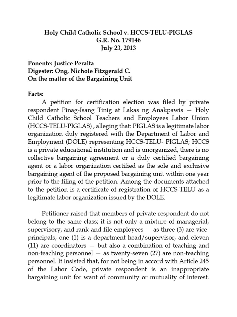 Holy Child Catholic School v. HCCS-TELU-PIGLAS Digest | PDF | Employment | Collective Bargaining