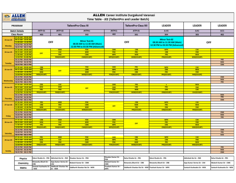 JEE Time Table - Morning Batch | PDF
