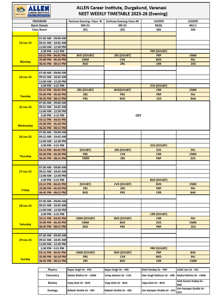 NEET Time Table - Evening Batch | PDF