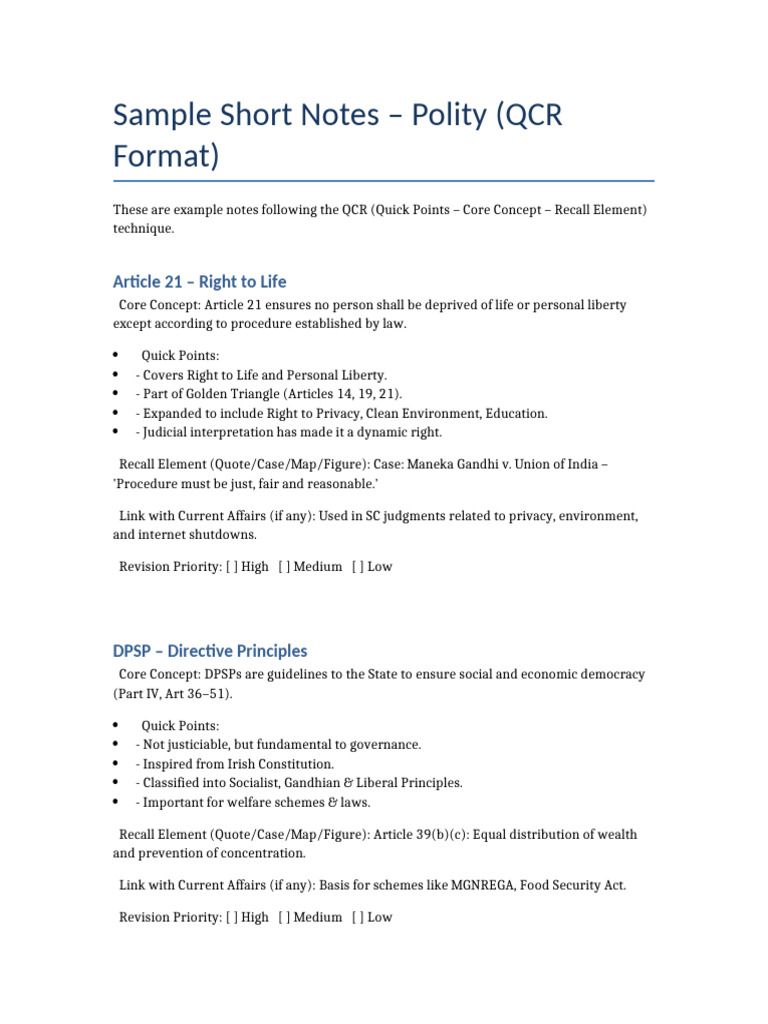 Polity Sample Short Notes QCR | PDF
