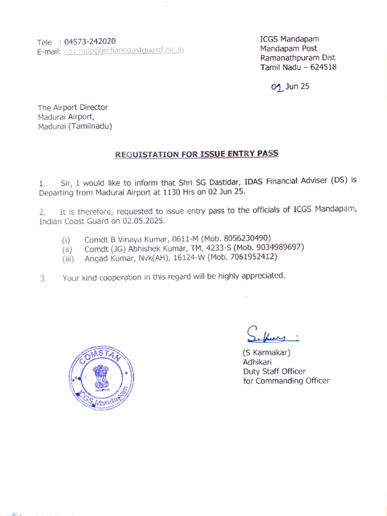 Entry Pass Request for ICGS Officials | PDF
