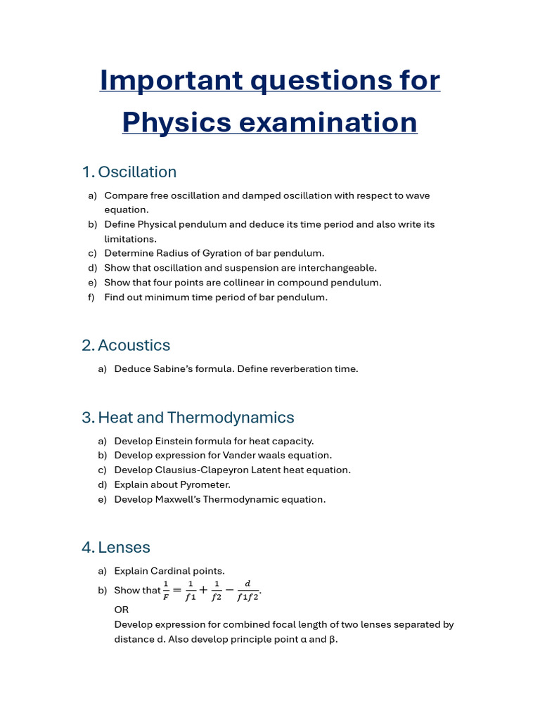 Important Questions For Physics Examination | PDF | Diffraction | Light