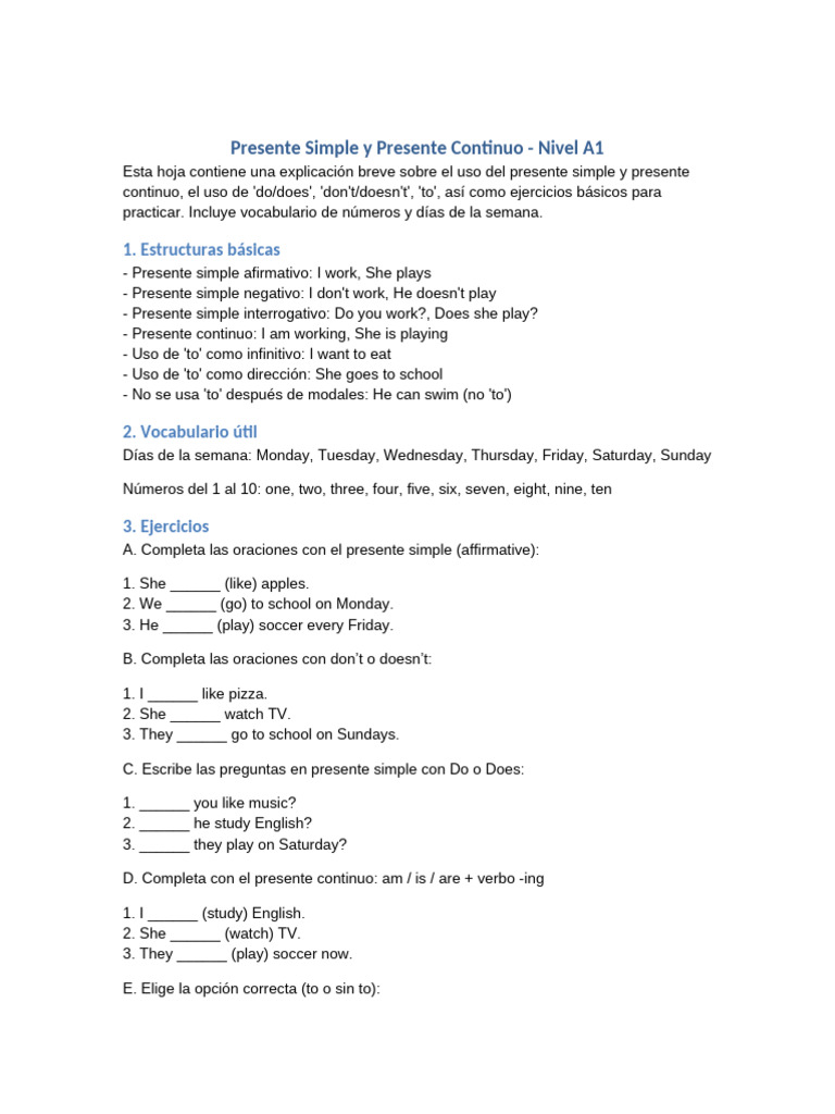 Presente Simple Continuo A1 Ejercicios | PDF