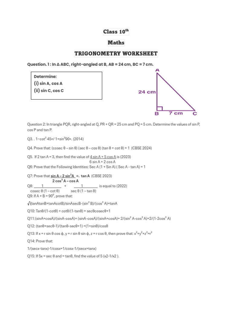CHAPTER Trigonometry MATHS Class 10 | PDF