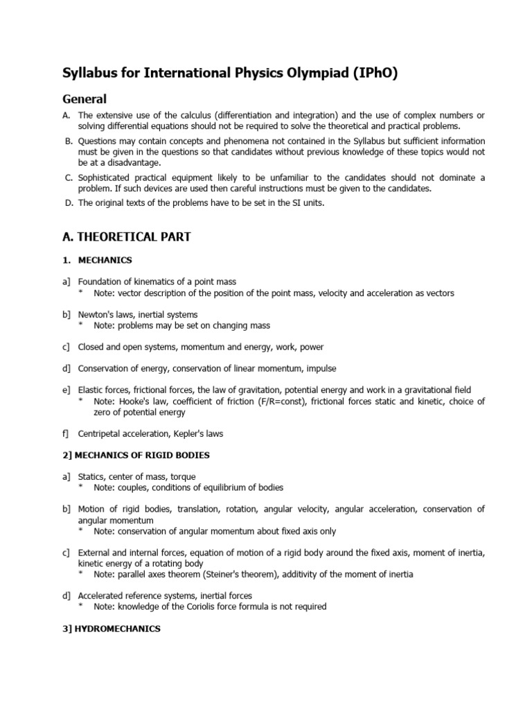 Syllabus - For - International - Physics - Olympiad - (IPhO) For Upload | PDF | Waves | Force