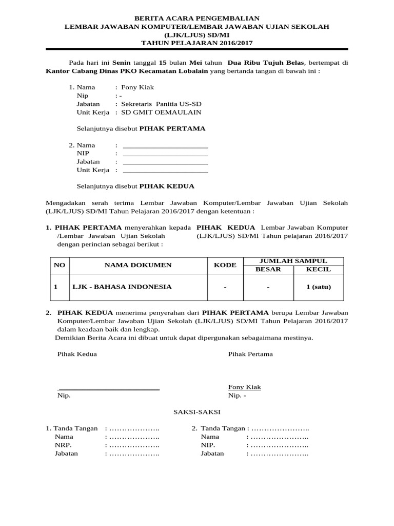 Berita Acara Pengembalian Ljk-Ljus - Sd-Tahun 2018 | PDF