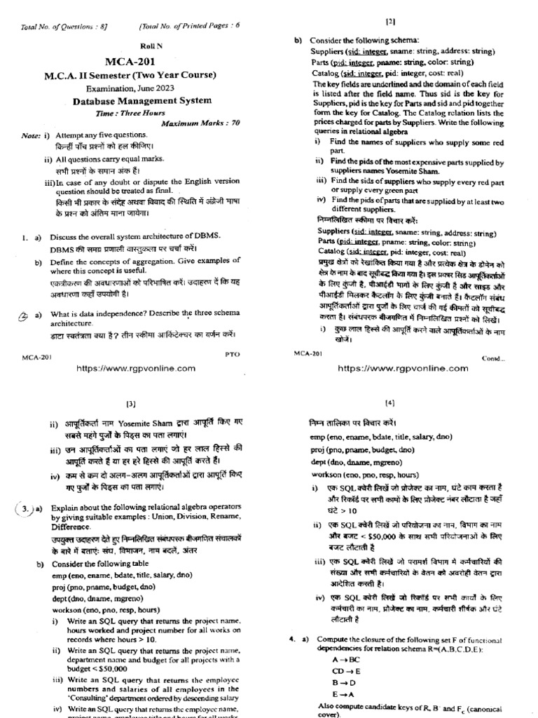 Mca 201 Database Management System Jun 2023 | PDF