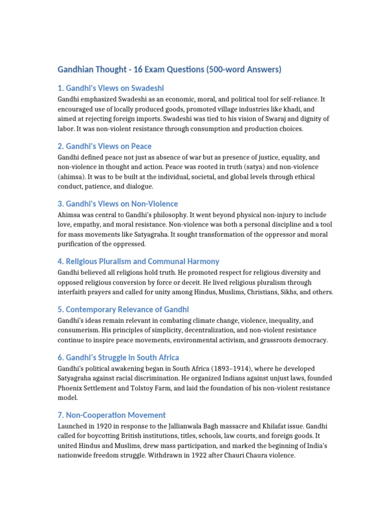 Exam Questions on Gandhian Thought | PDF | Mahatma Gandhi | Nonviolence