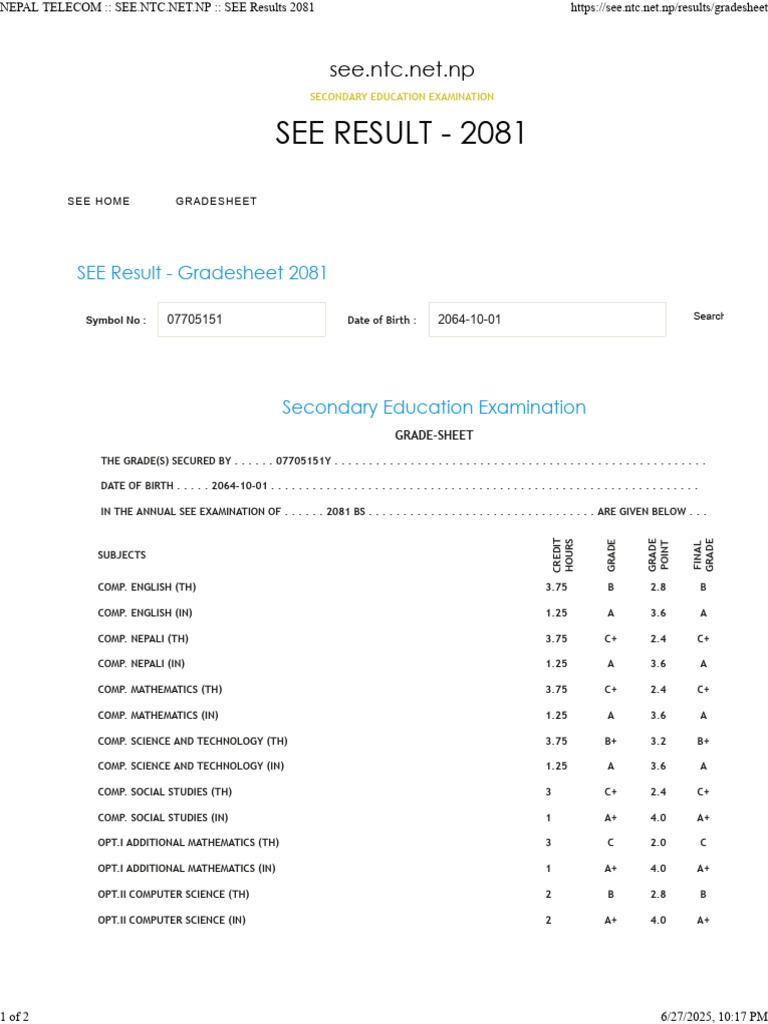 SEE Result Gradesheet 2081 PDF | PDF | Educational Assessment And ...