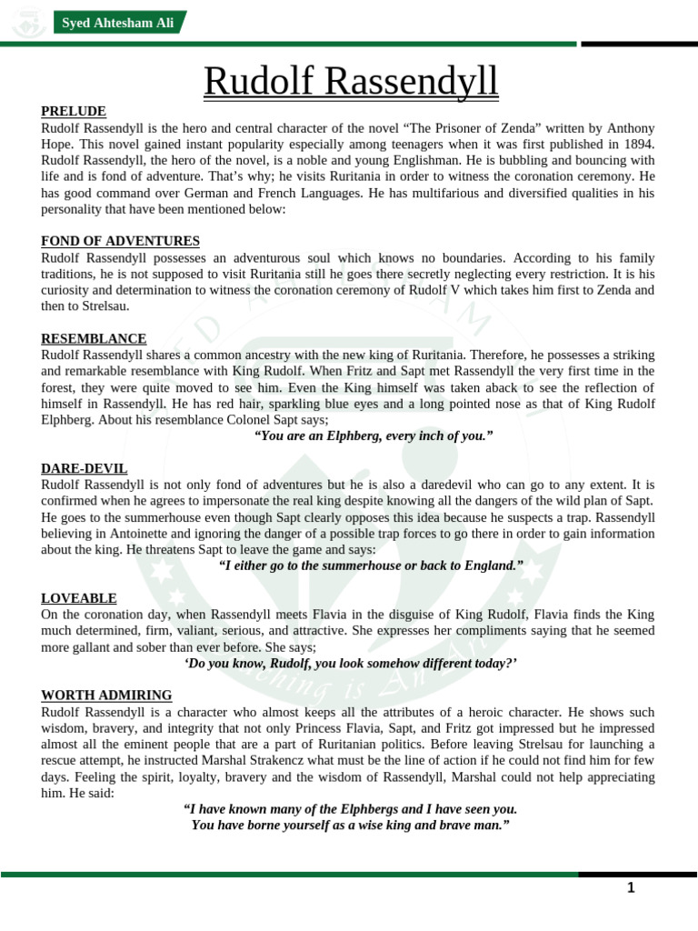 Rudolf Rassendyll-The Hero | PDF | The Prisoner Of Zenda